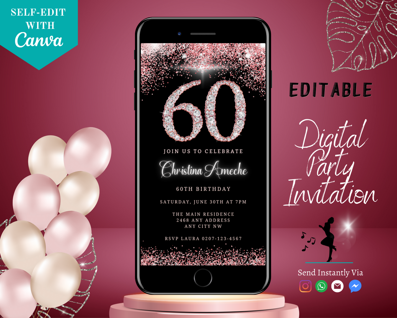 Rose Gold Diamond Glitter | 60th Birthday Evite – URCordiallyInvited
