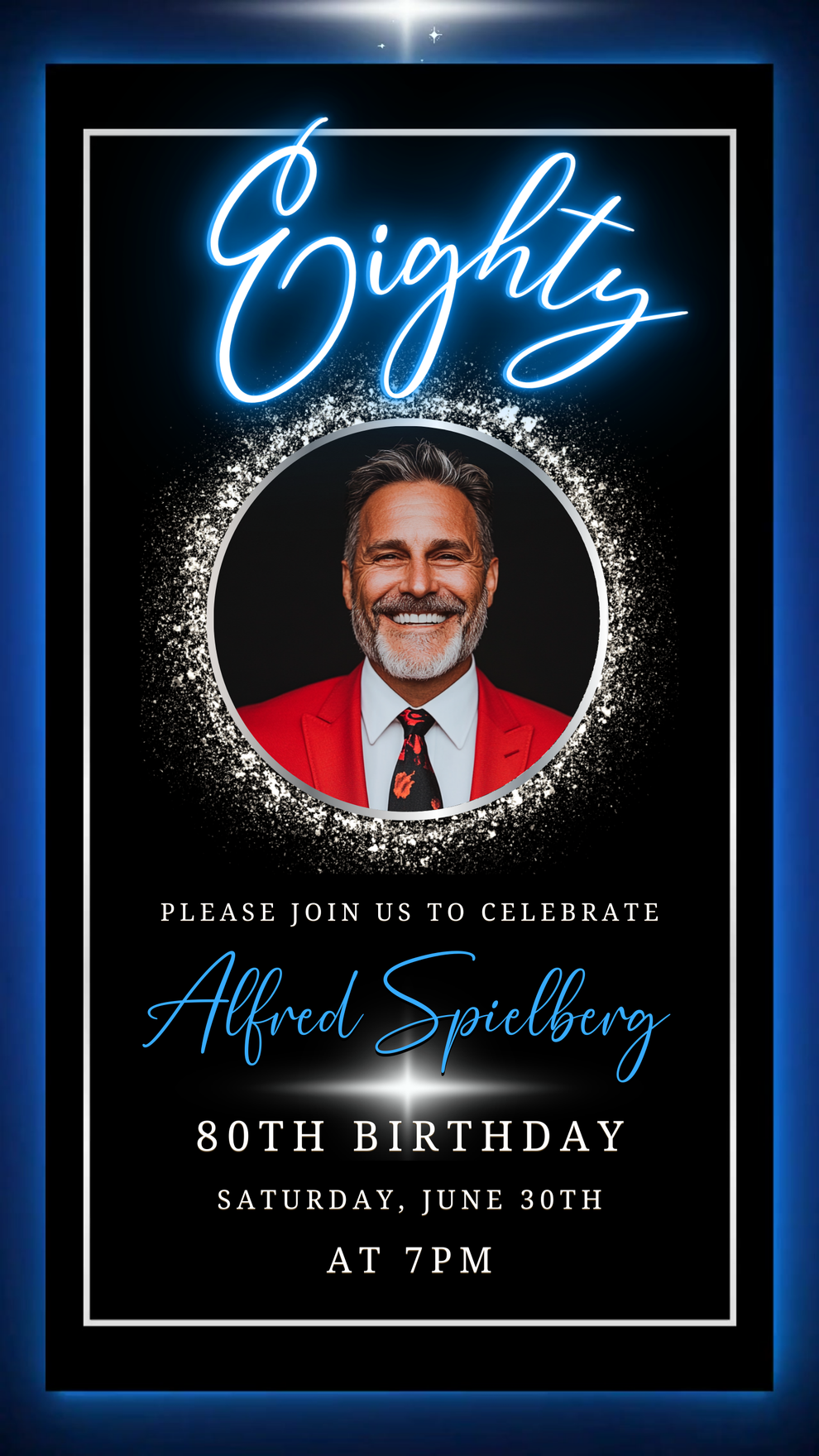 Blue & Silver 80th Birthday Video Invitation with Oval Photo Frame ...